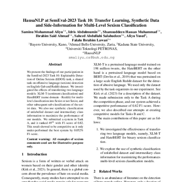 HausaNLP at SemEval-2023 Task 10: Transfer Learning, Synthetic Data and Side-information for ...