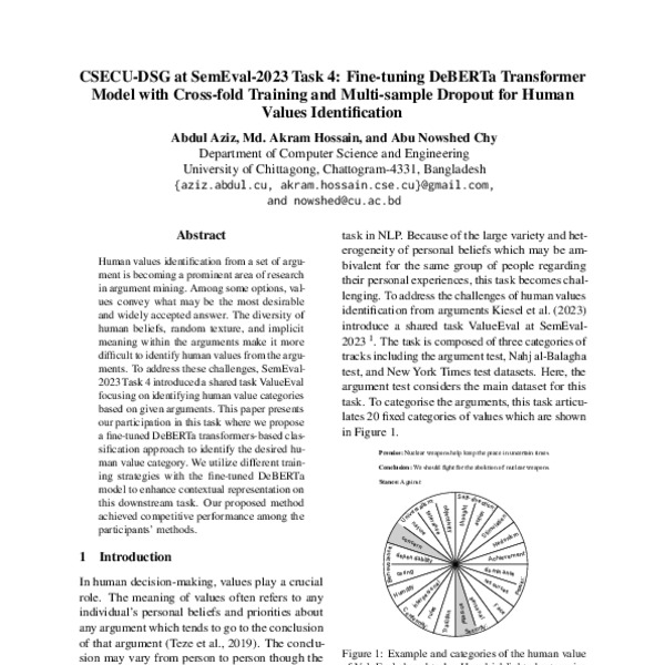 CSECU-DSG at SemEval-2023 Task 4: Fine-tuning DeBERTa Transformer Model with Cross-fold Training ...