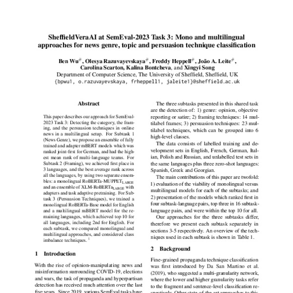 SheffieldVeraAI at SemEval-2023 Task 3: Mono and Multilingual Approaches for News Genre, Topic ...