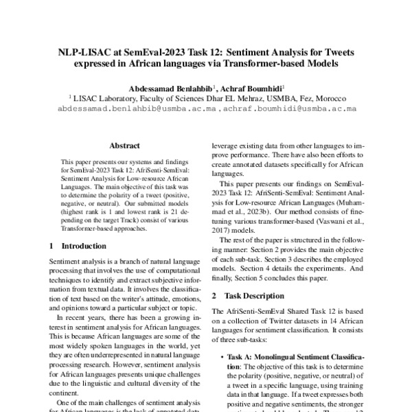 NLP-LISAC at SemEval-2023 Task 12: Sentiment Analysis for Tweets expressed in African languages ...