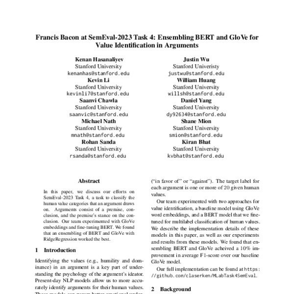 Francis Bacon at SemEval-2023 Task 4: Ensembling BERT and GloVe for Value Identification in ...