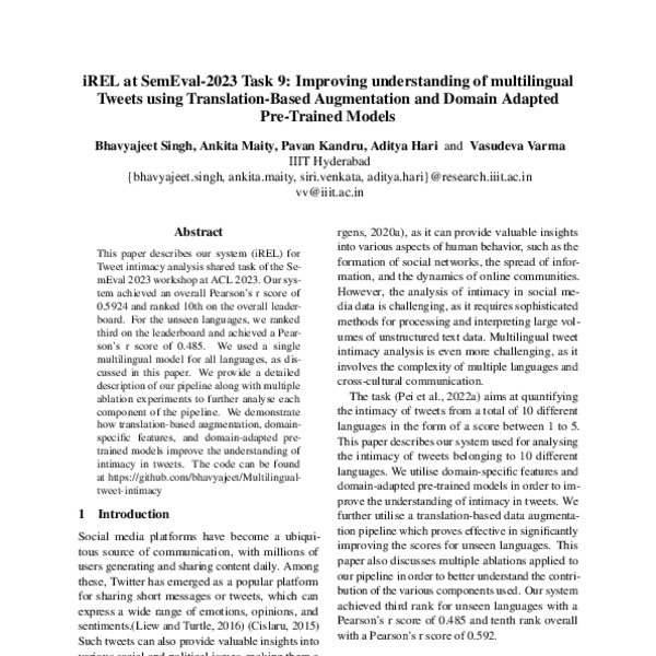 iREL at SemEval-2023 Task 9: Improving understanding of multilingual Tweets using Translation ...