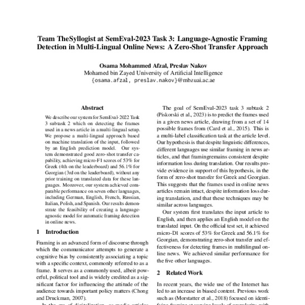 Team TheSyllogist at SemEval-2023 Task 3: Language-Agnostic Framing Detection in Multi-Lingual ...