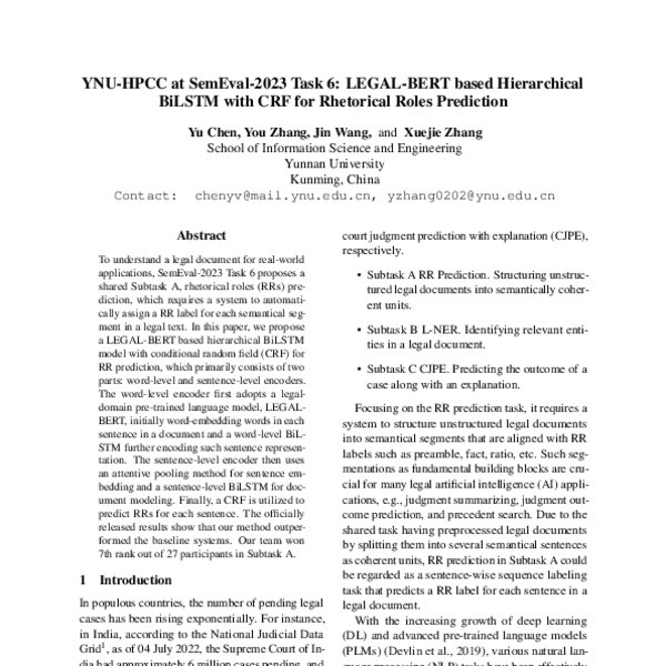 YNU-HPCC at SemEval-2023 Task 6: LEGAL-BERT Based Hierarchical BiLSTM with CRF for Rhetorical ...