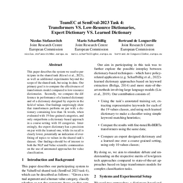 TeamEC at SemEval-2023 Task 4: Transformers vs. Low-Resource Dictionaries, Expert Dictionary vs ...