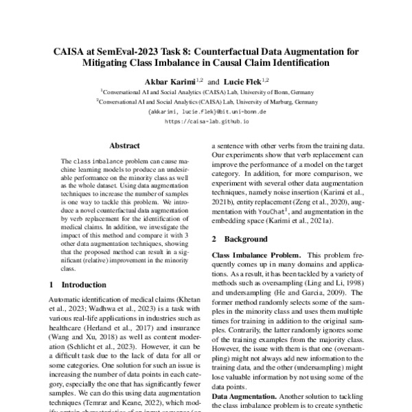 Caisa At Semeval 2023 Task 8 Counterfactual Data Augmentation For Mitigating Class Imbalance In