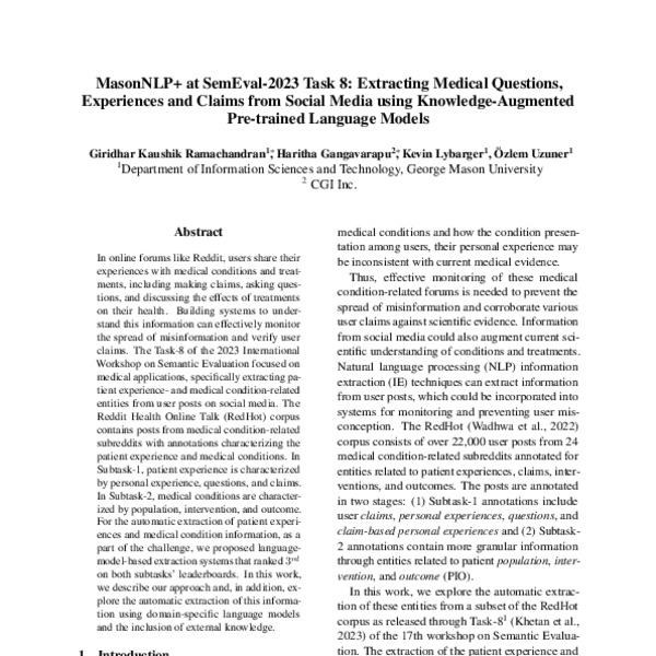 MasonNLP+ at SemEval-2023 Task 8: Extracting Medical Questions, Experiences and Claims from ...