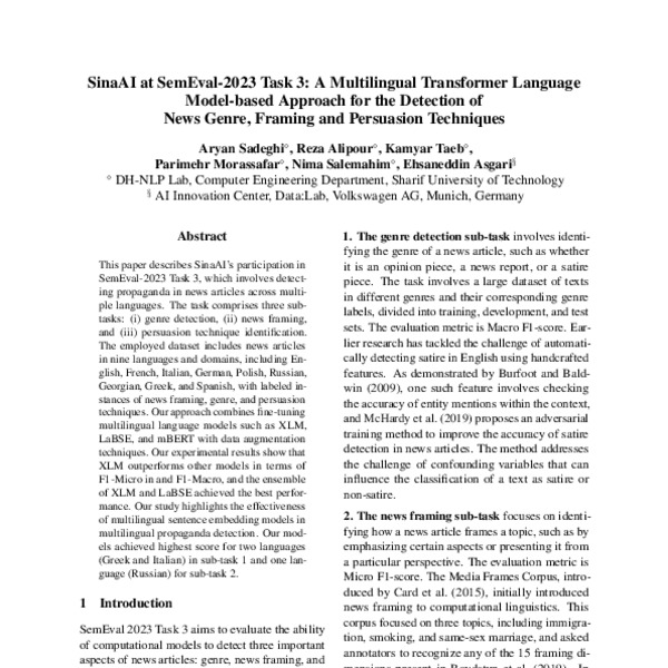 SinaAI at SemEval-2023 Task 3: A Multilingual Transformer Language Model-based Approach for the ...