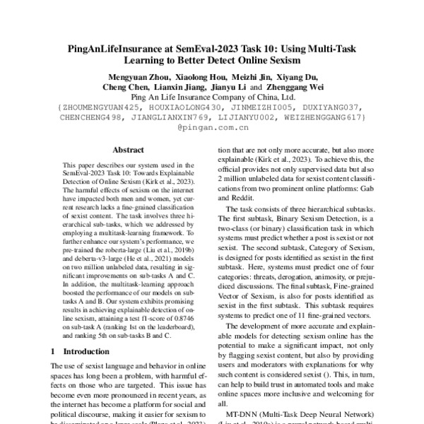 PingAnLifeInsurance at SemEval-2023 Task 10: Using Multi-Task Learning to Better Detect Online ...