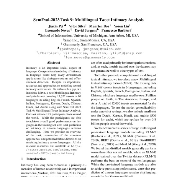 SemEval-2023 Task 9: Multilingual Tweet Intimacy Analysis - ACL Anthology