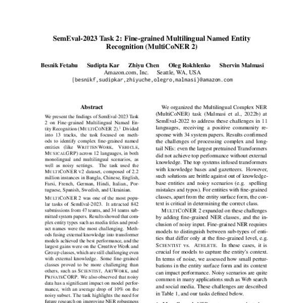SemEval-2023 Task 2: Fine-grained Multilingual Named Entity Recognition (MultiCoNER 2) - ACL ...