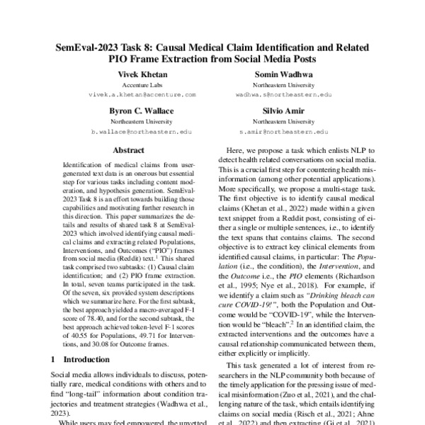 SemEval-2023 Task 8: Causal Medical Claim Identification and Related PIO Frame Extraction from ...