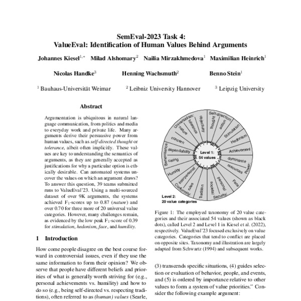 SemEval-2023 Task 4: ValueEval: Identification of Human Values Behind Arguments - ACL Anthology