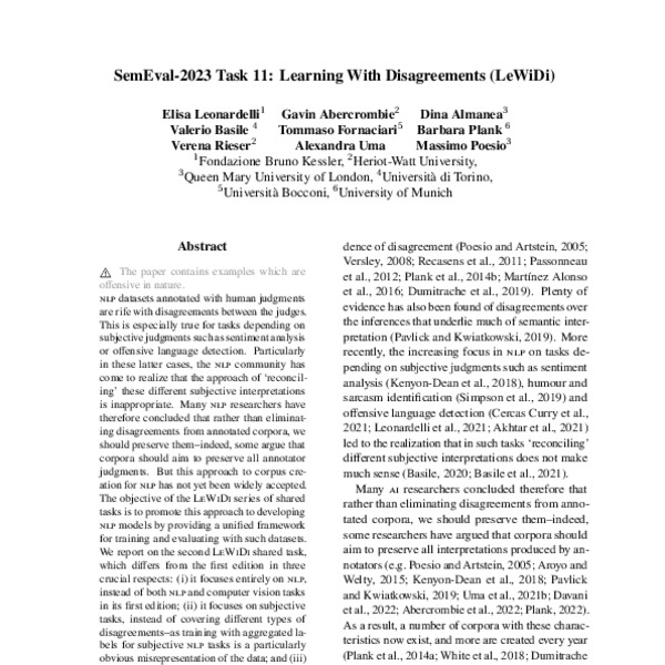 SemEval-2023 Task 11: Learning with Disagreements (LeWiDi) - ACL Anthology