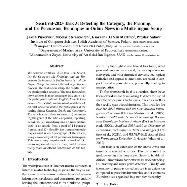 SemEval-2023 Task 3: Detecting the Category, the Framing, and the Persuasion Techniques in ...