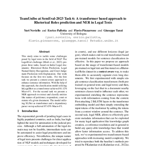 TeamUnibo at SemEval-2023 Task 6: A transformer based approach to Rhetorical Roles prediction ...