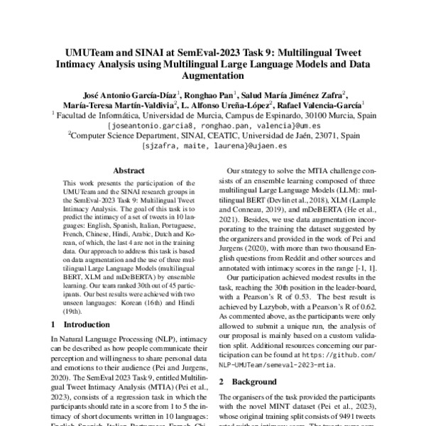 UMUTeam and SINAI at SemEval-2023 Task 9: Multilingual Tweet Intimacy Analysis using ...