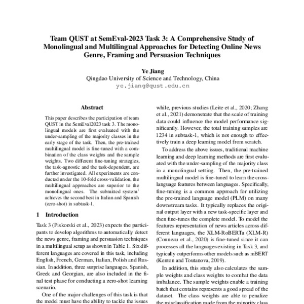 Team QUST at SemEval-2023 Task 3: A Comprehensive Study of Monolingual and Multilingual ...