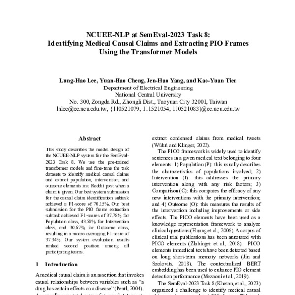Ncuee Nlp At Semeval 2023 Task 8 Identifying Medical Causal Claims And Extracting Pio Frames