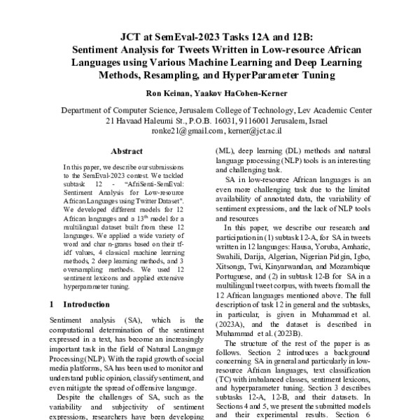 Jct At Semeval 2023 Tasks 12 A And 12b Sentiment Analysis For Tweets Written In Low Resource