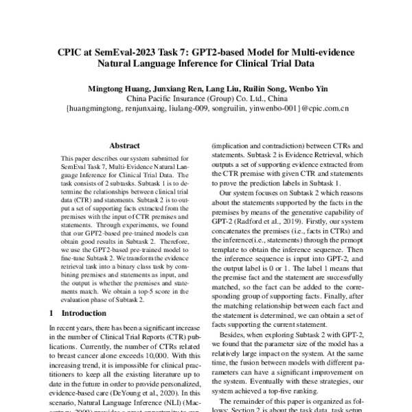 Cpic At Semeval 2023 Task 7 Gpt2 Based Model For Multi Evidence