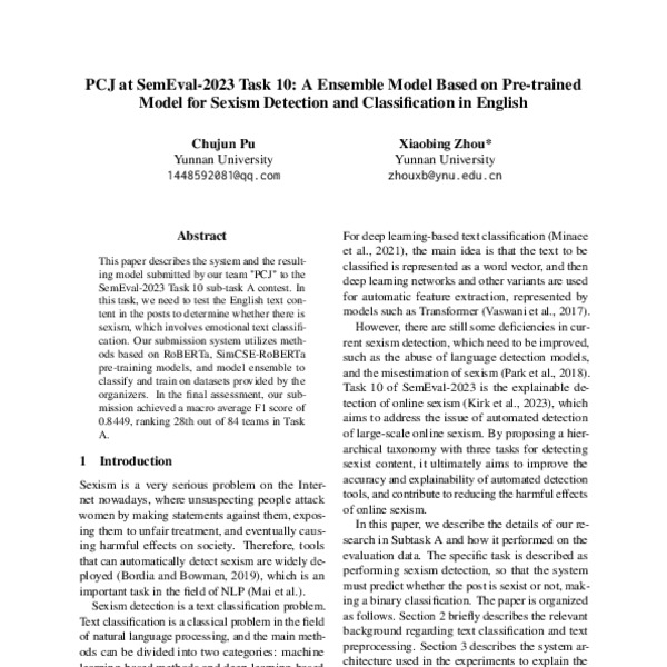 PCJ at SemEval-2023 Task 10: A Ensemble Model Based on Pre-trained Model for Sexism Detection ...