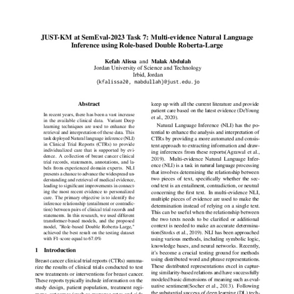 JUST-KM at SemEval-2023 Task 7: Multi-evidence Natural Language Inference using Role-based ...