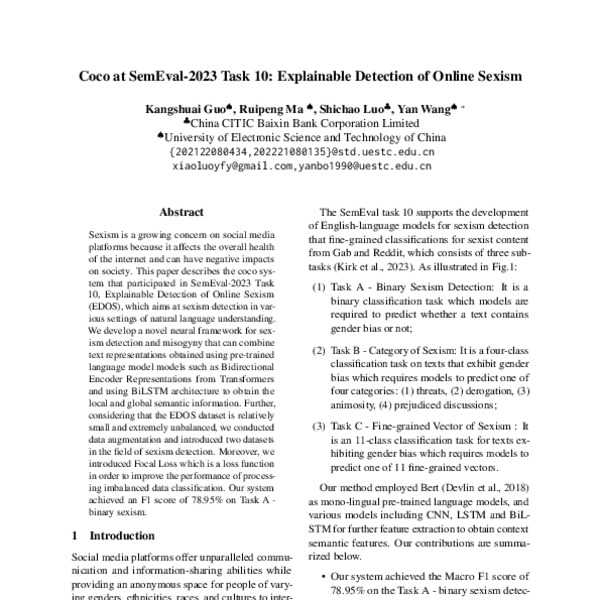 Coco at SemEval-2023 Task 10: Explainable Detection of Online Sexism - ACL Anthology