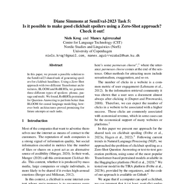 Diane Simmons at SemEval-2023 Task 5: Is it possible to make good clickbait spoilers using a ...