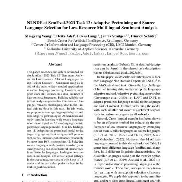 NLNDE at SemEval-2023 Task 12: Adaptive Pretraining and Source Language Selection for Low ...