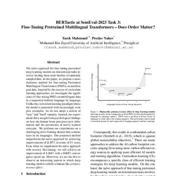BERTastic at SemEval-2023 Task 3: Fine-Tuning Pretrained Multilingual Transformers Does Order ...