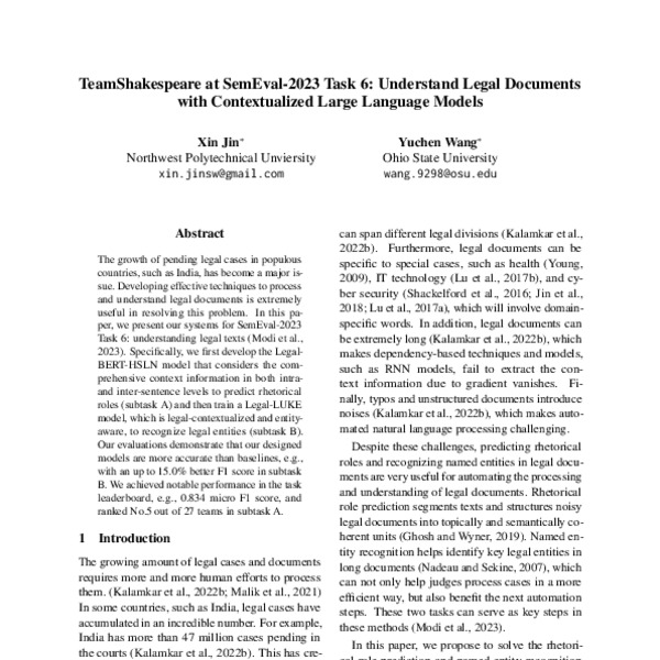 TeamShakespeare at SemEval-2023 Task 6: Understand Legal Documents with Contextualized Large ...