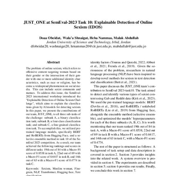 JUST_ONE at SemEval-2023 Task 10: Explainable Detection of Online Sexism (EDOS) - ACL Anthology