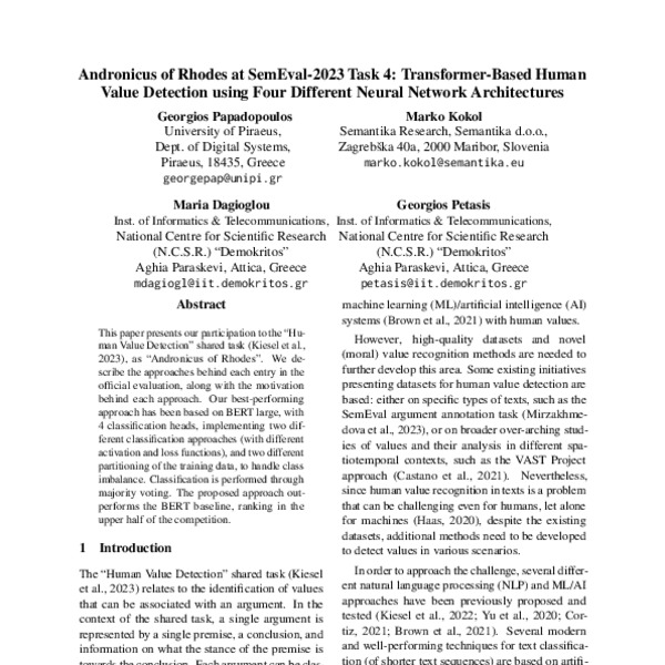 Andronicus Of Rhodes At Semeval 2023 Task 4 Transformer Based Human Value Detection Using Four