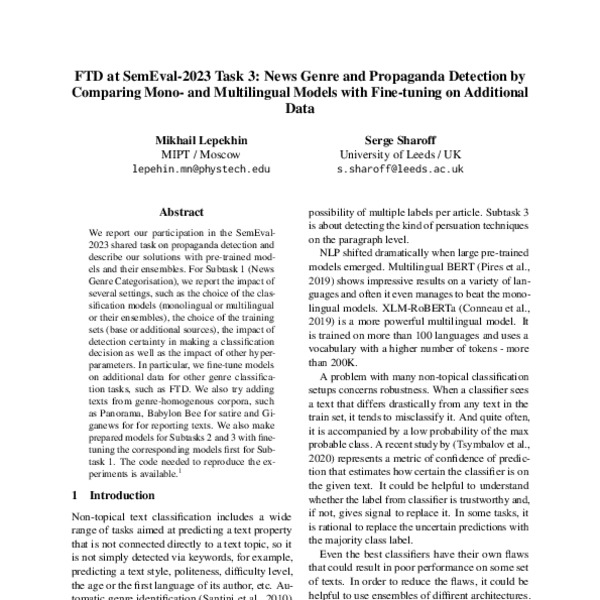 FTD at SemEval-2023 Task 3: News Genre and Propaganda Detection by Comparing Mono- and ...
