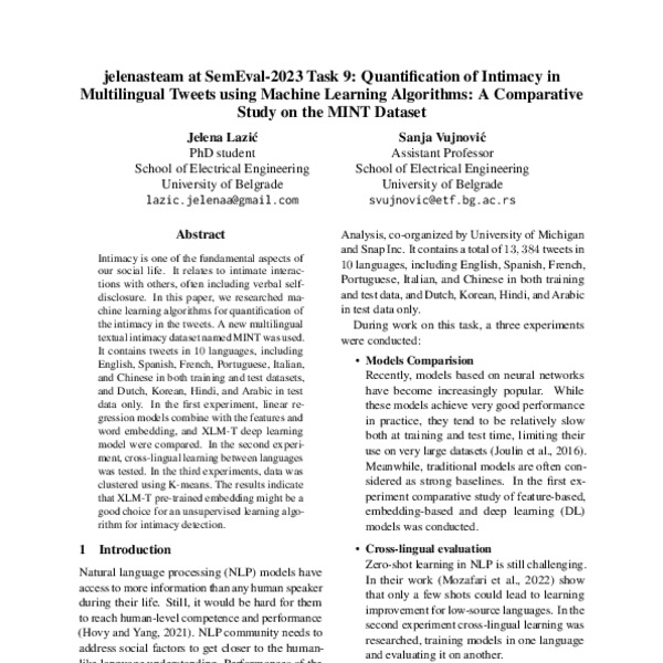 jelenasteam at SemEval-2023 Task 9: Quantification of Intimacy in Multilingual Tweets using ...
