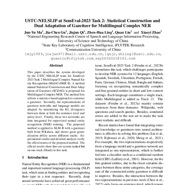 USTC-NELSLIP at SemEval-2023 Task 2: Statistical Construction and Dual Adaptation of Gazetteer ...