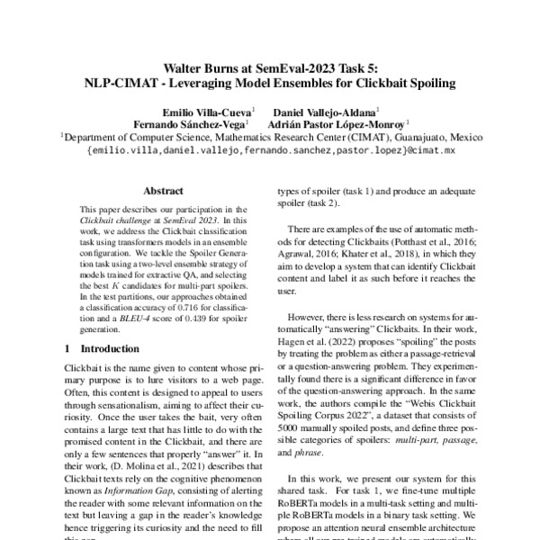 Walter Burns at SemEval-2023 Task 5: NLP-CIMAT - Leveraging Model Ensembles for Clickbait ...