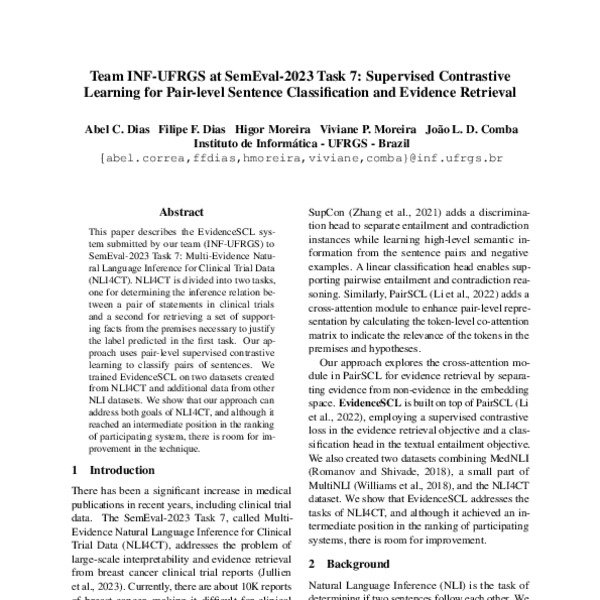 Team INF-UFRGS at SemEval-2023 Task 7: Supervised Contrastive Learning for Pair-level Sentence ...