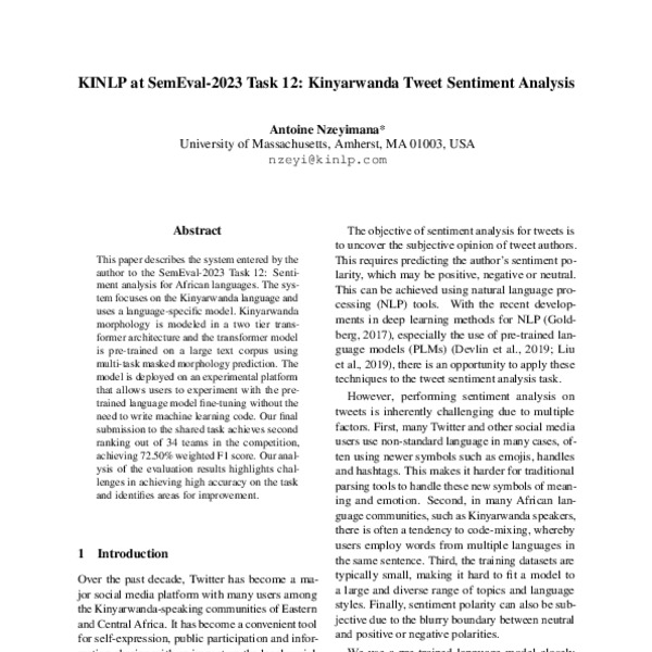 KINLP at SemEval-2023 Task 12: Kinyarwanda Tweet Sentiment Analysis - ACL Anthology