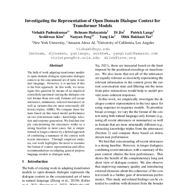 Investigating the Representation of Open Domain Dialogue Context for ...