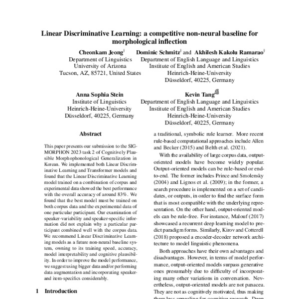 Linear Discriminative Learning: a competitive non-neural baseline for morphological inflection ...