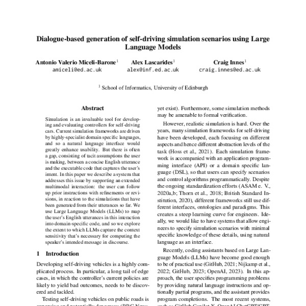 Dialogue Based Generation Of Self Driving Simulation Scenarios Using Large Language Models Acl