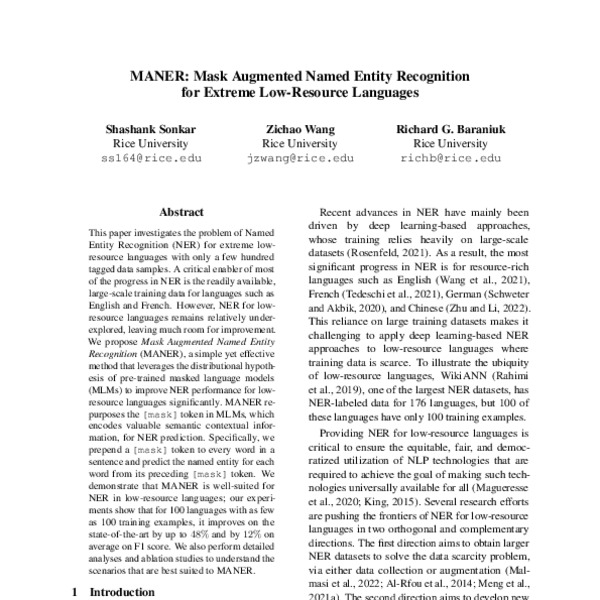 MANER: Mask Augmented Named Entity Recognition for Extreme Low-Resource Languages - ACL Anthology