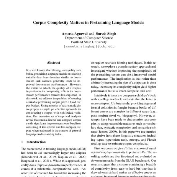 Corpus Complexity Matters in Pretraining Language Models - ACL Anthology