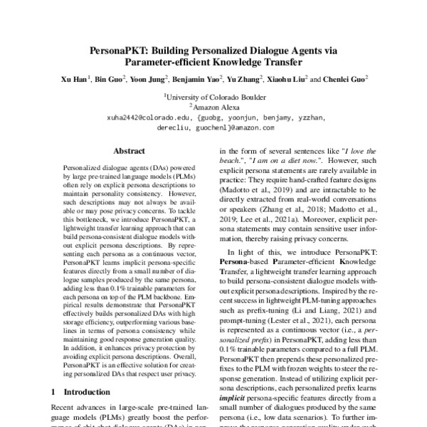 PersonaPKT: Building Personalized Dialogue Agents via Parameter-efficient Knowledge Transfer ...