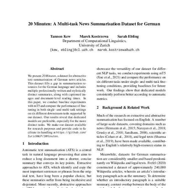 20 Minuten: A Multi-task News Summarisation Dataset for German - ACL Anthology