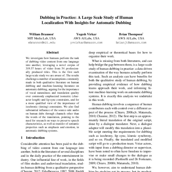 Dubbing in Practice: A Large Scale Study of Human Localization With ...