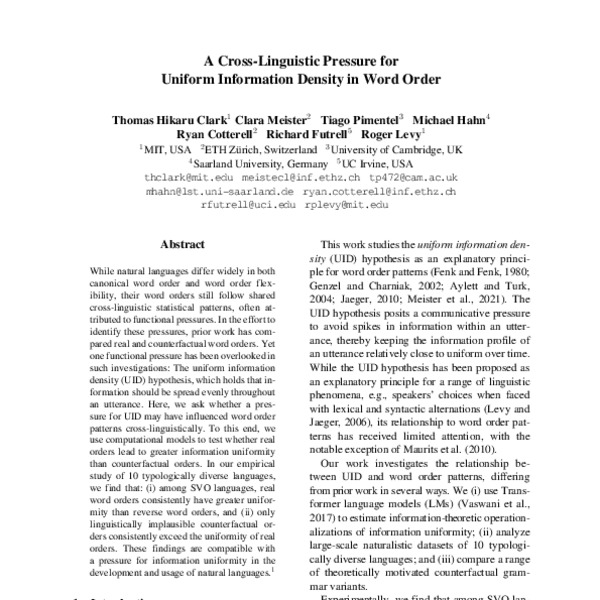 A Cross-Linguistic Pressure for Uniform Information Density in Word Order - ACL Anthology