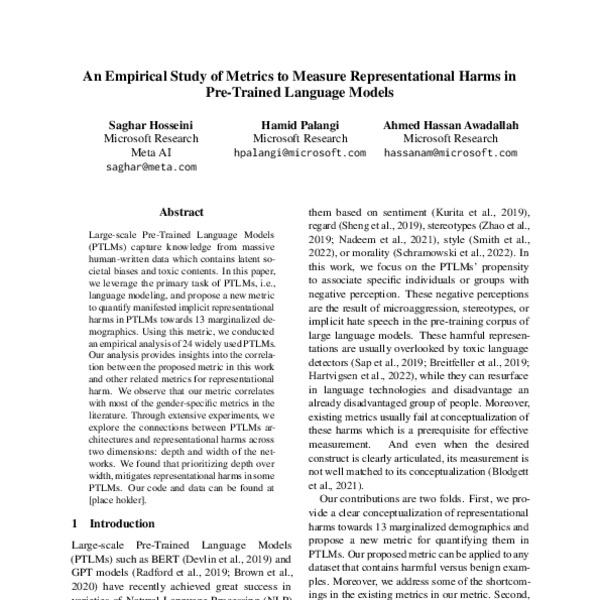 An Empirical Study of Metrics to Measure Representational Harms in Pre-Trained Language Models ...